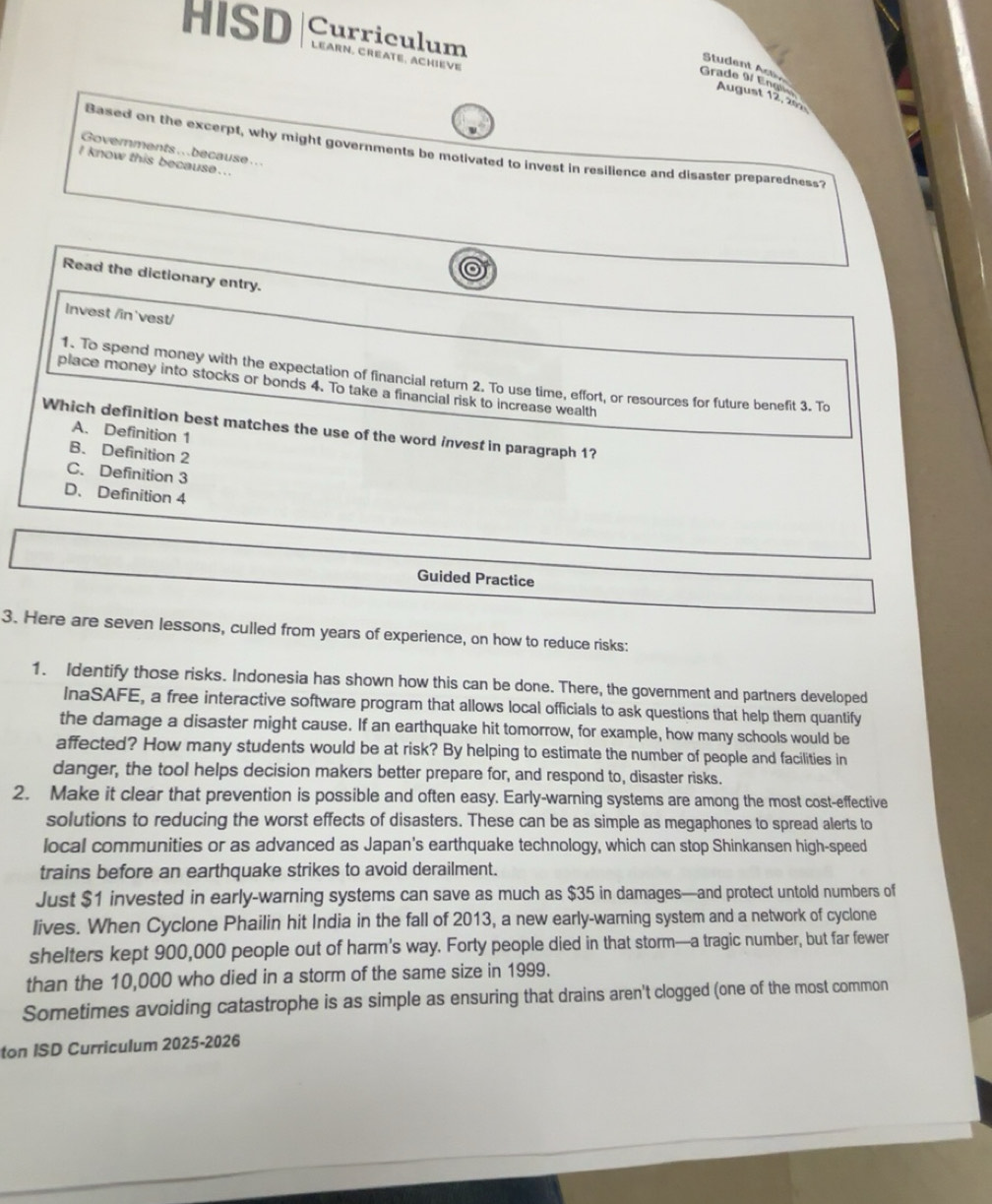 Solved: HISD Curriculum LEARN, CREATE, ACHIEVE Student Acs, Grade 9 ...