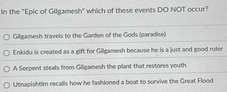Solved: In the "Epic of Gilgamesh" which of these events DO NOT occur ...