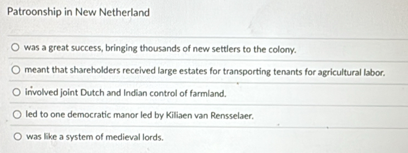 Solved: Patroonship in New Netherland was a great success, bringing ...