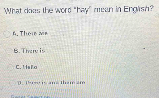 Solved: What does the word “hay” mean in English? A. There are B. There ...