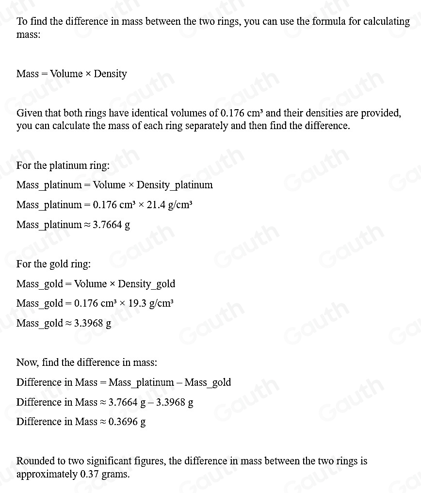 Solved: Two rings have identical volumes of 0.176cm^3. One ring is made of solid platinum (with ...