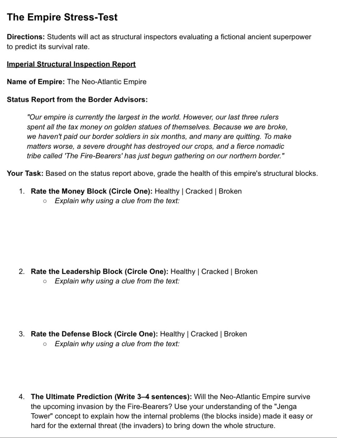 Solved: The Empire Stress-Test Directions: Students will act as ...