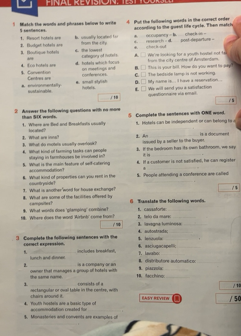 Risolto:FINAL REVISION TEST 1 Match the words and phrases below to ...