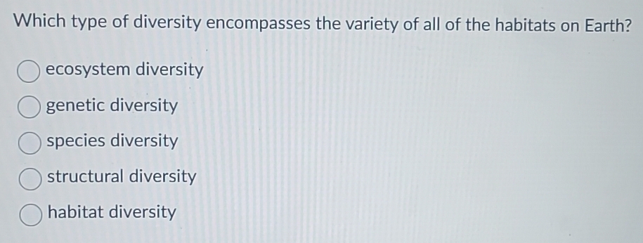Solved: Which type of diversity encompasses the variety of all of the ...