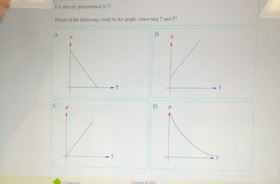Solved: P is directly proportional to T Which of the following could be ...