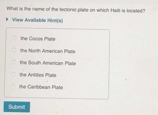 Solved: What is the name of the tectonic plate on which Haiti is ...