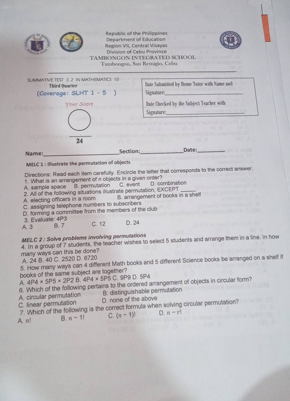 Solved: Republic of the Philippines Department of Education Region VII ...