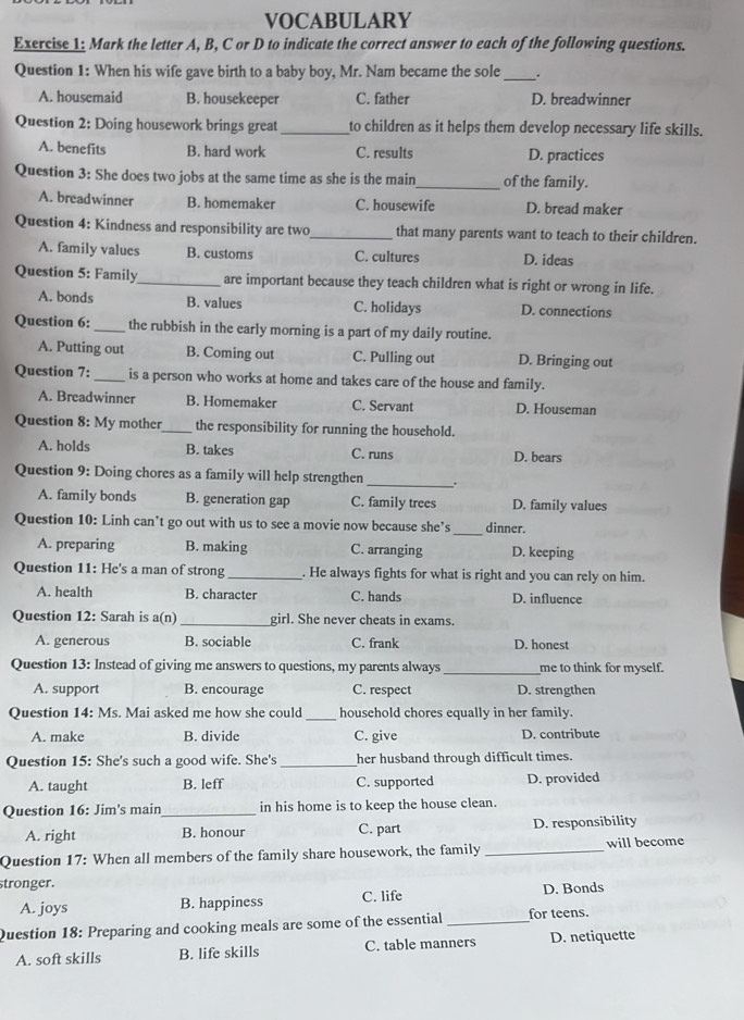 Giải quyết:VOCABULARY Exercise 1: Mark the letter A, B, C or D to ...