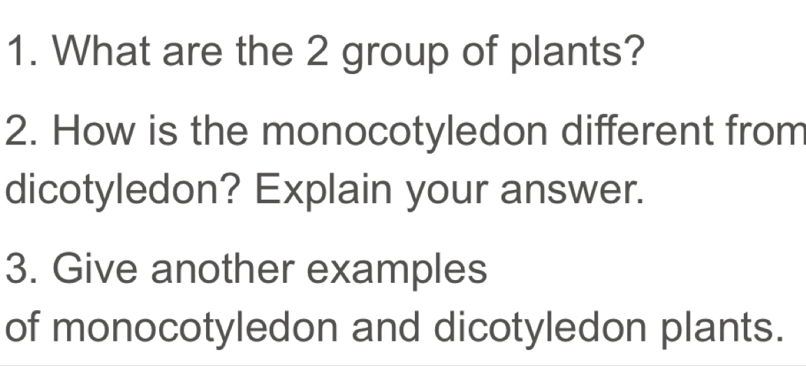 Solved: What are the 2 group of plants? 2. How is the monocotyledon ...