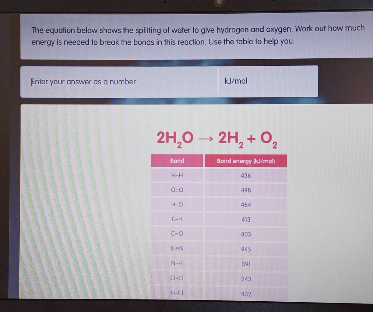 Solved: The equation below shows the splitting of water to give ...
