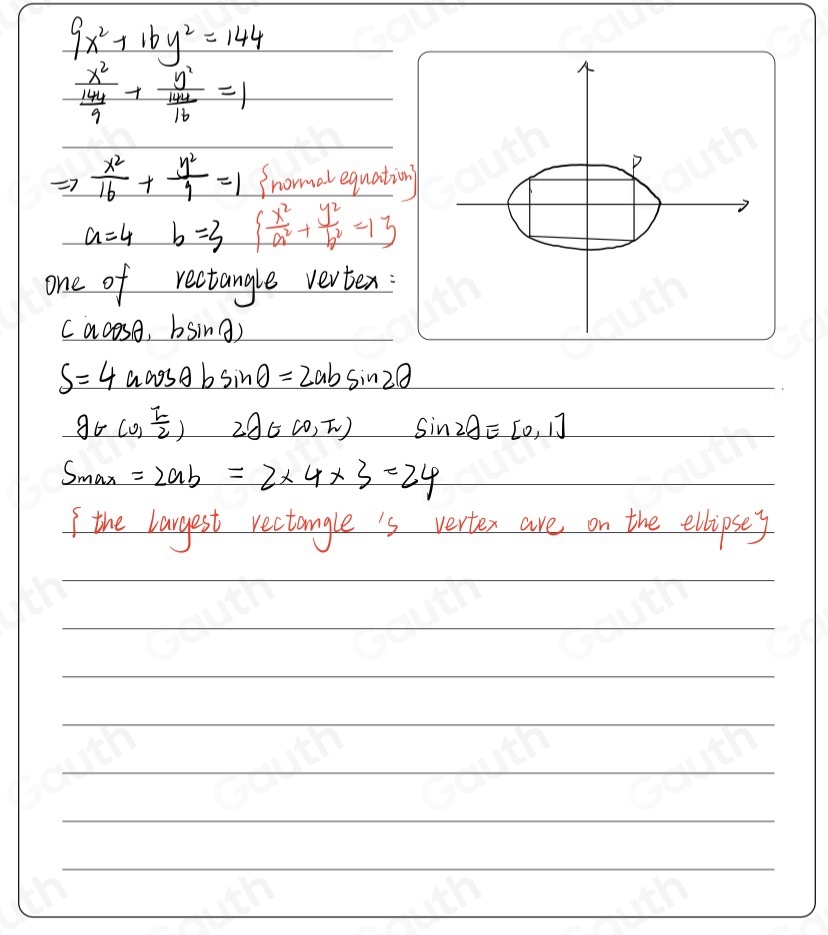 Solved: Find the dimensions of the largest rectangle that can be inscribed in the ellipse 9x^2 ...