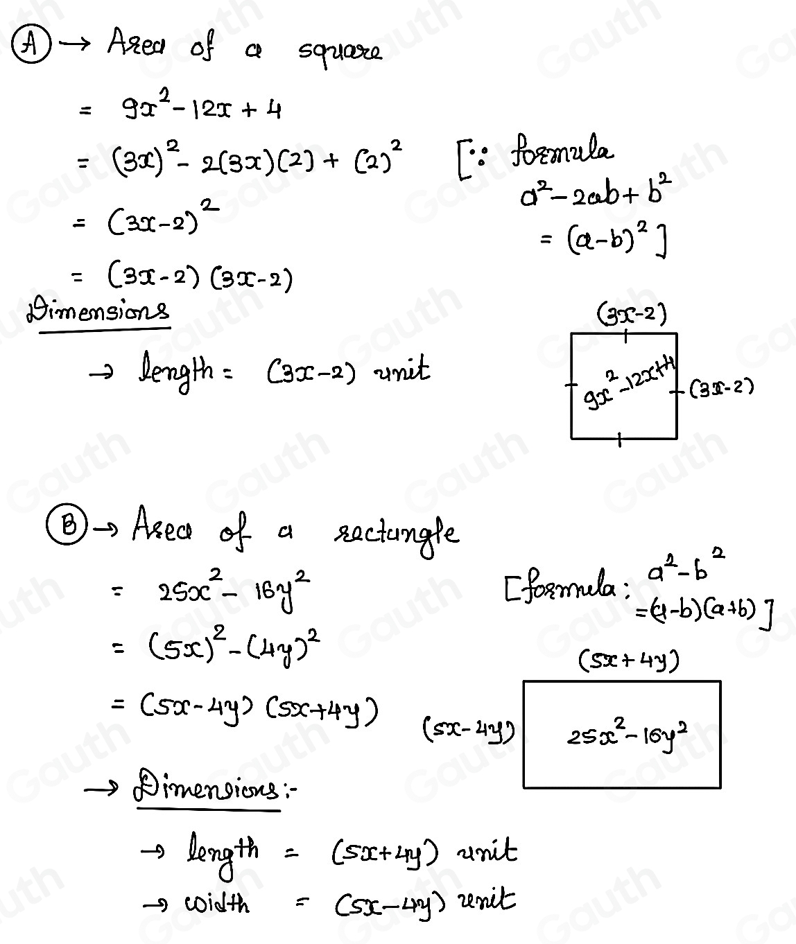 Solved: The area of a square is (9x^2-12x+4) square units. Determine ...