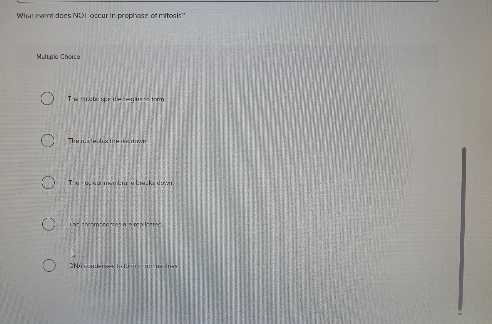 Solved: What event does NOT occur in prophase of mitosis? Multiple ...