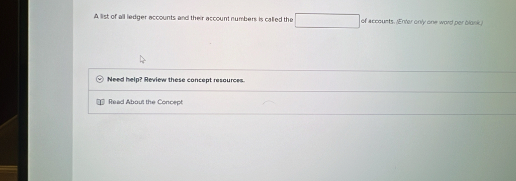 Solved: A list of all ledger accounts and their account numbers is called the of accounts ...