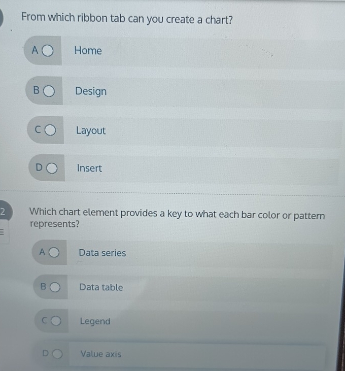 Solved: From which ribbon tab can you create a chart? A Home Design ...