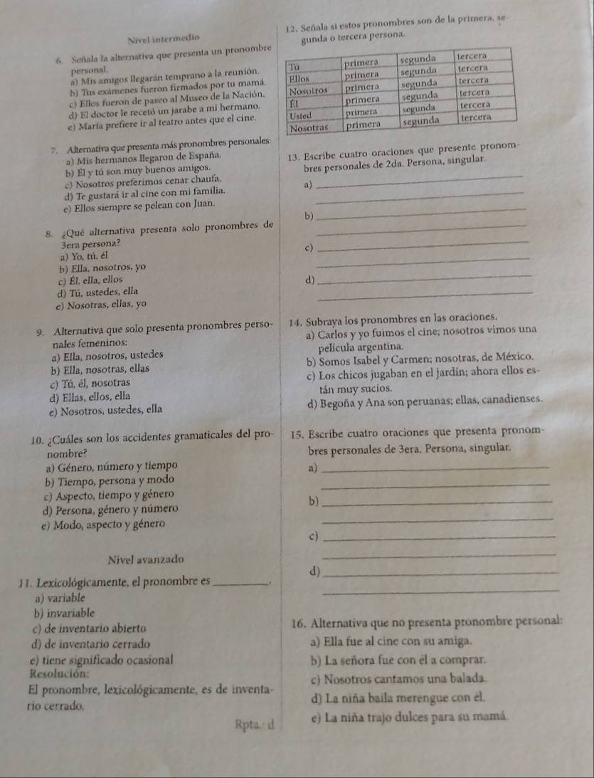 Resuelto:Nivel intermedio 12. Señala si estos pronombres son de la ...
