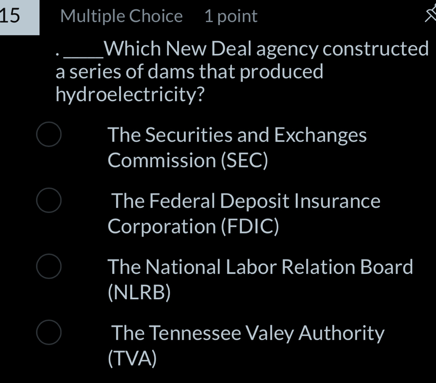 Solved: Which New Deal agency constructed a series of dams that ...
