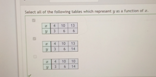 Solved: Select all of the following tables which represent y as a function of x. [Math]