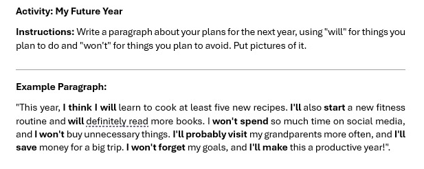 Resuelto:Activity: My Future Year Instructions: Write a paragraph about ...