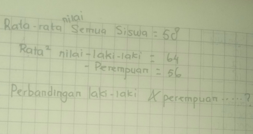 Telah dijawab:nilai Rata-rata Semua Siswa =50° Ra+a^2 nilai-laki-aki ...