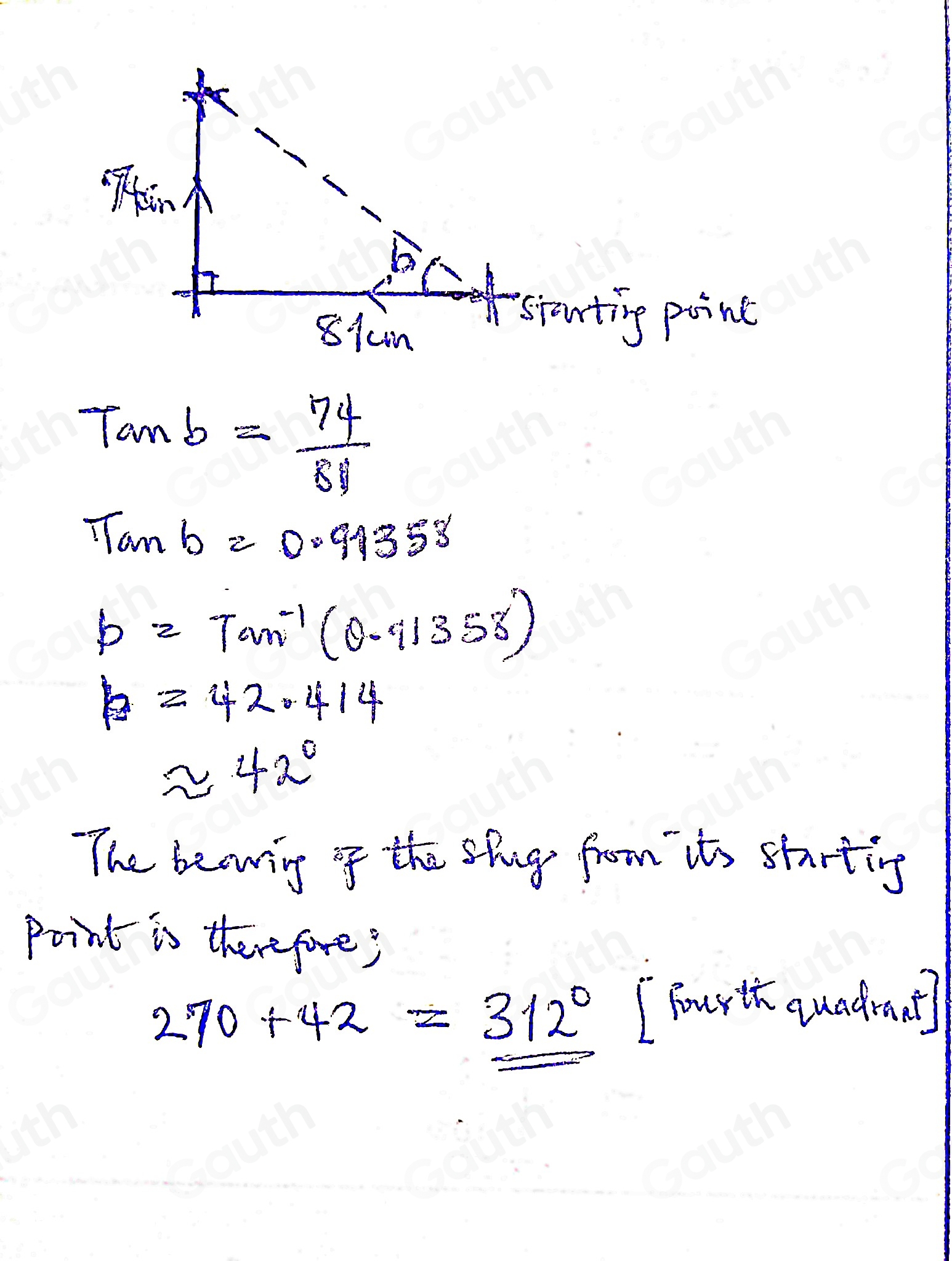Solved: A slug crawls 81 cm due west and then 74 cm due north. Work out ...