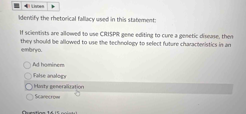 Solved: Listen Identify the rhetorical fallacy used in this statement ...