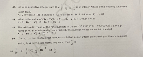 Solved: Let n be a positive integer such that 1/2 + 1/3 + 1/7 + 1/n is an integer. Which of the ...