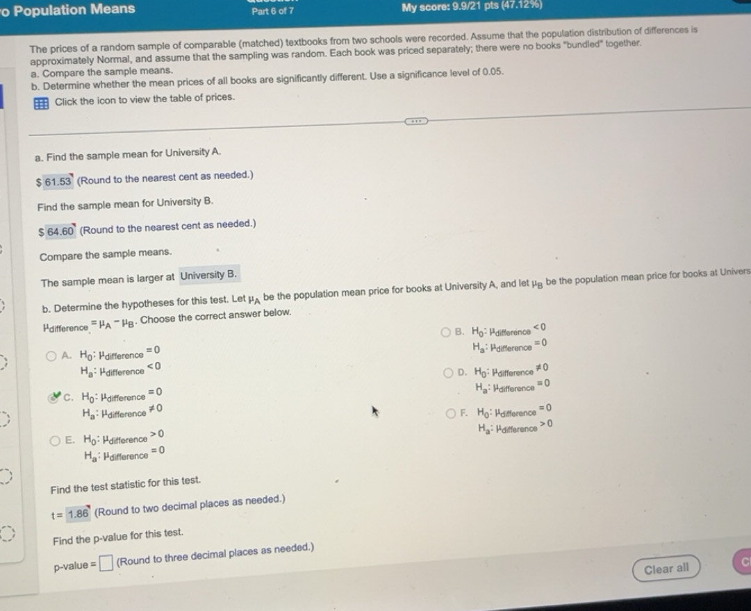 Solved: Population Means Part 6 of 7 My score: 9.9/21 pts (47.12%) The ...