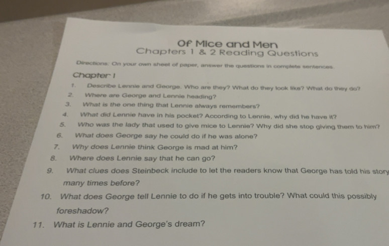 Solved: Of Mice and Men Chapters 1 & 2 Reading Questions Directions. On ...
