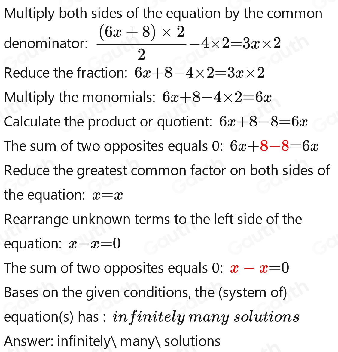 Solved: (6x+8)/2 -4=3x [Math]