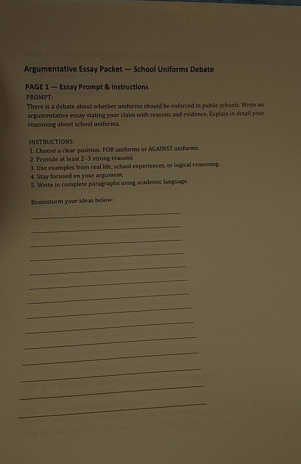 Solved: Argumentative Essay Packet — School Uniforms Debate PAGE 1 ...