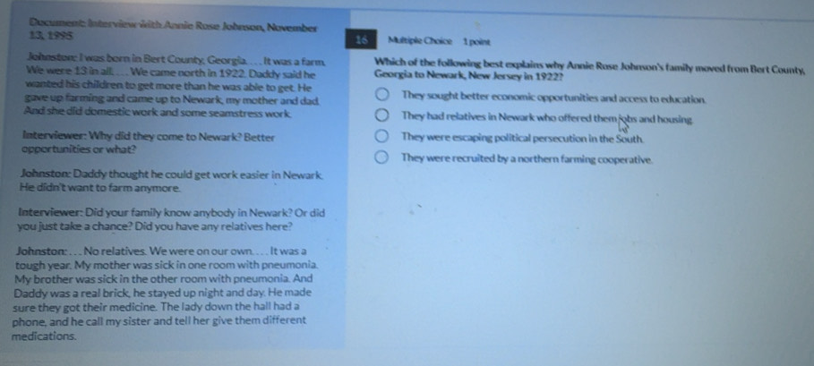 Solved: Ducument: Interview äith Annie Rose Johnson, November 13, 1995 ...