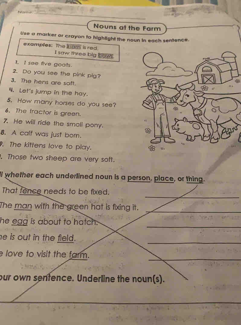 Solved: Nam _ Nouns at the Farm Use a marker or crayon to highlight the ...