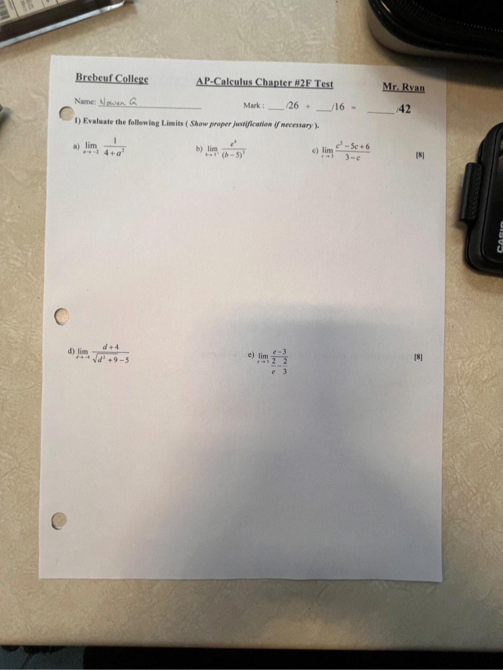 Solved: Brebeuf College AP-Calculus Chapter #2F Test Mr. Ryan Name ...