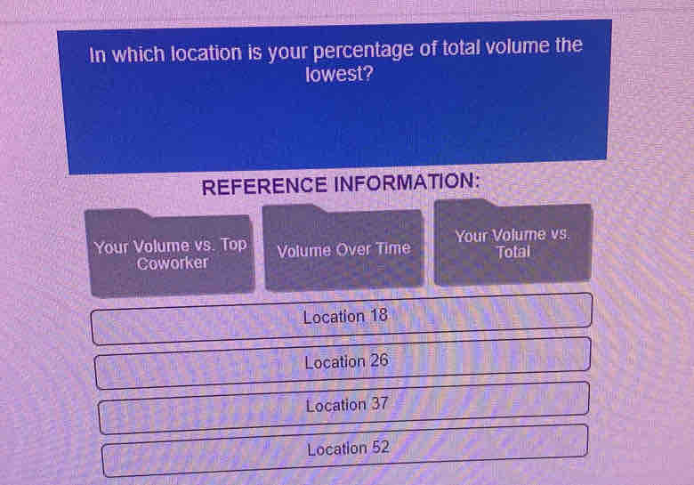 Solved: In which location is your percentage of total volume the lowest ...
