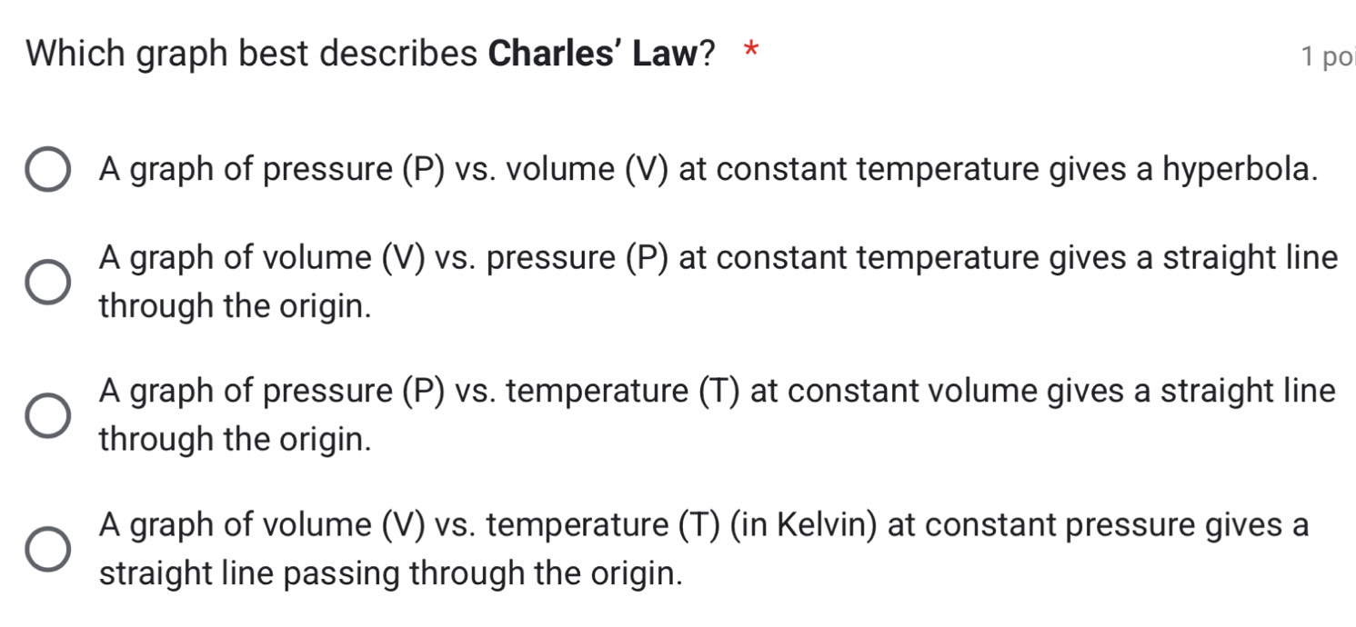 Selesai:Which graph best describes Charles’ Law? * 1 po A graph of ...