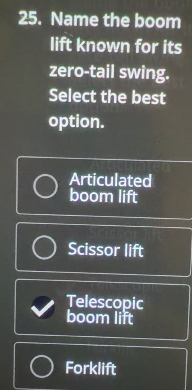 Solved: Name the boom lift known for its zero-tail swing. Select the ...