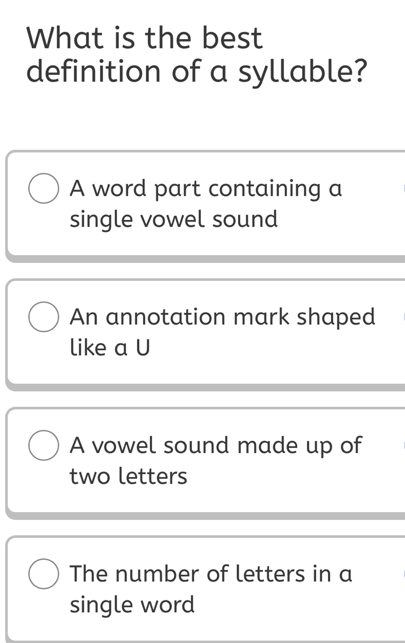 Solved: What is the best definition of a syllable? A word part ...