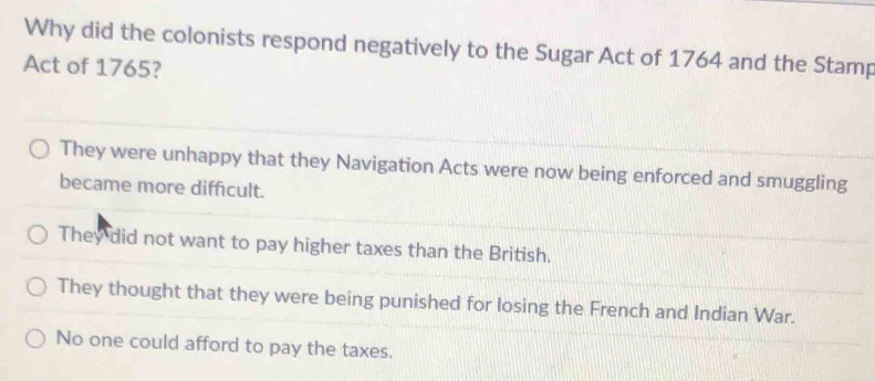 Solved: Why did the colonists respond negatively to the Sugar Act of ...