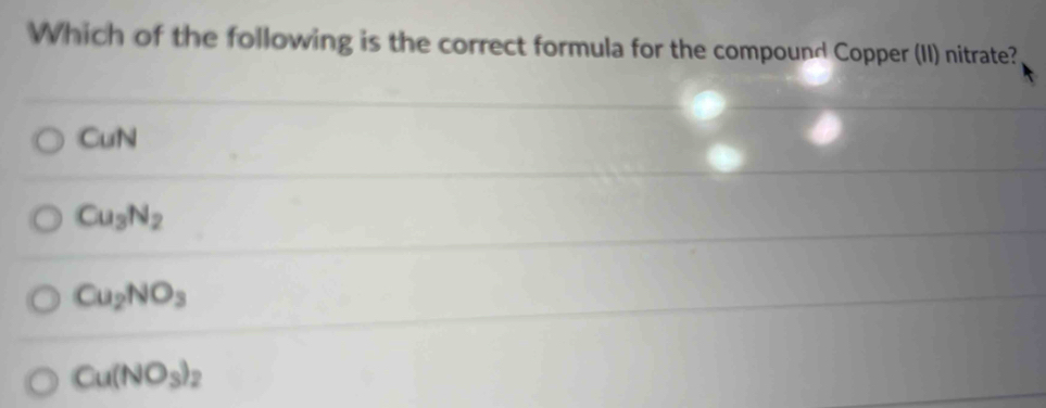 Solved: Which of the following is the correct formula for the compound ...
