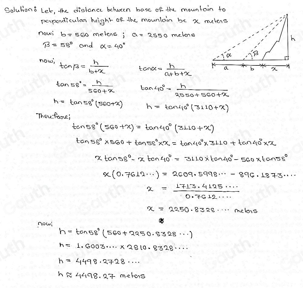 Solved: To estimate the height of a mountain, two students find the ...