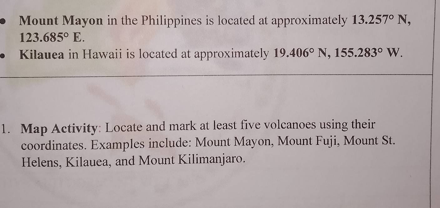 Solved: Mount Mayon in the Philippines is located at approximately 13. ...