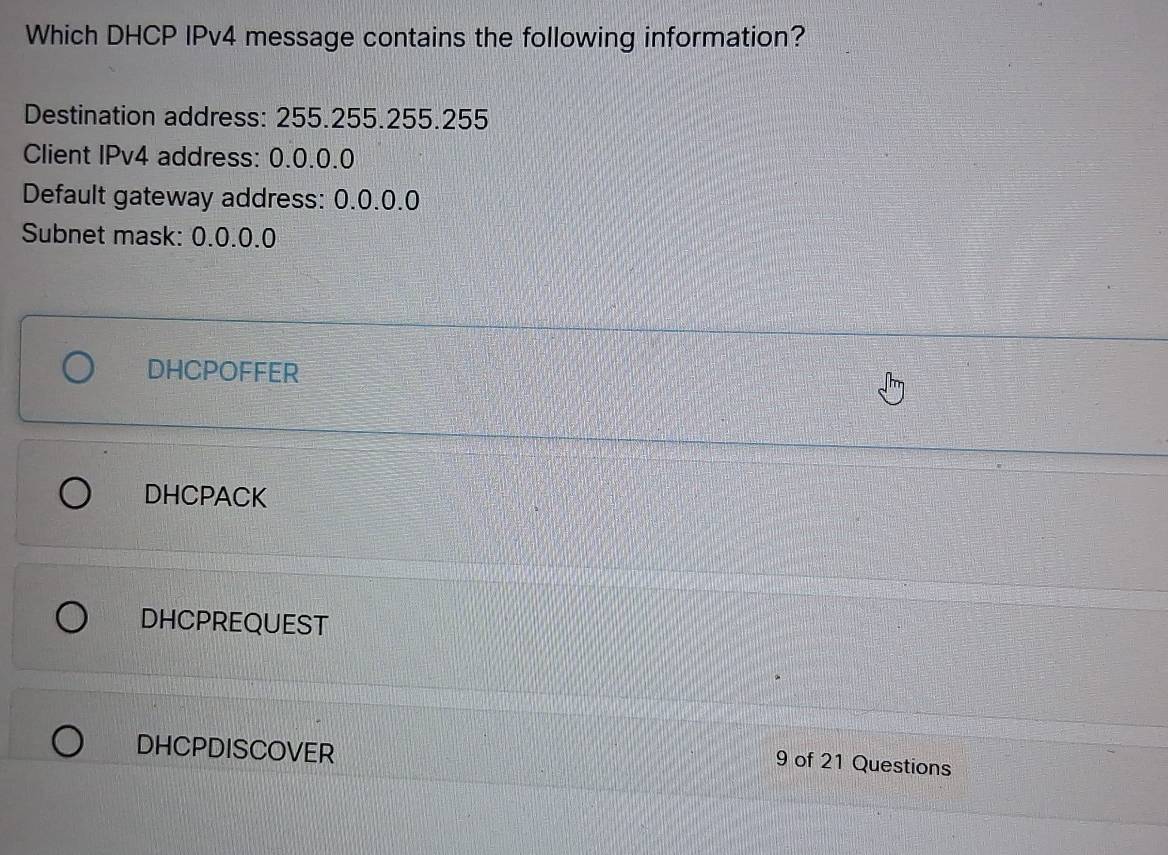 Solved: Which DHCP IPv4 message contains the following information ...