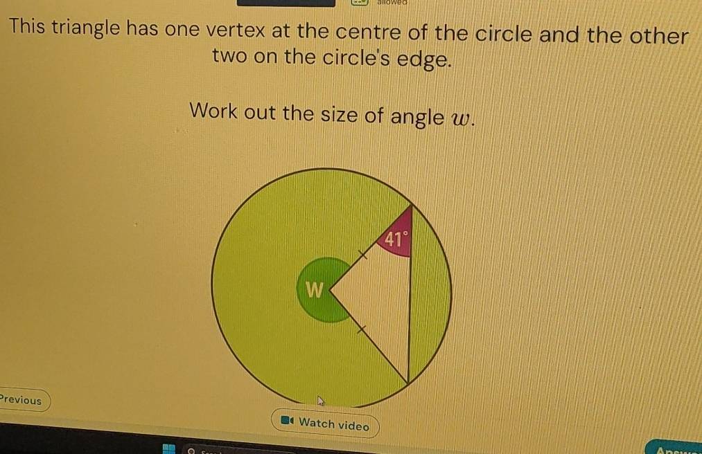 Solved: This triangle has one vertex at the centre of the circle and ...