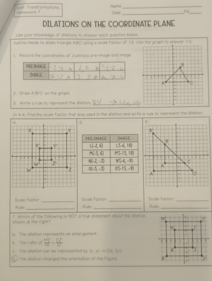 Solved: Transformations Name_ Homework 7 Date_ Pd_ DILATIONS ON THE ...