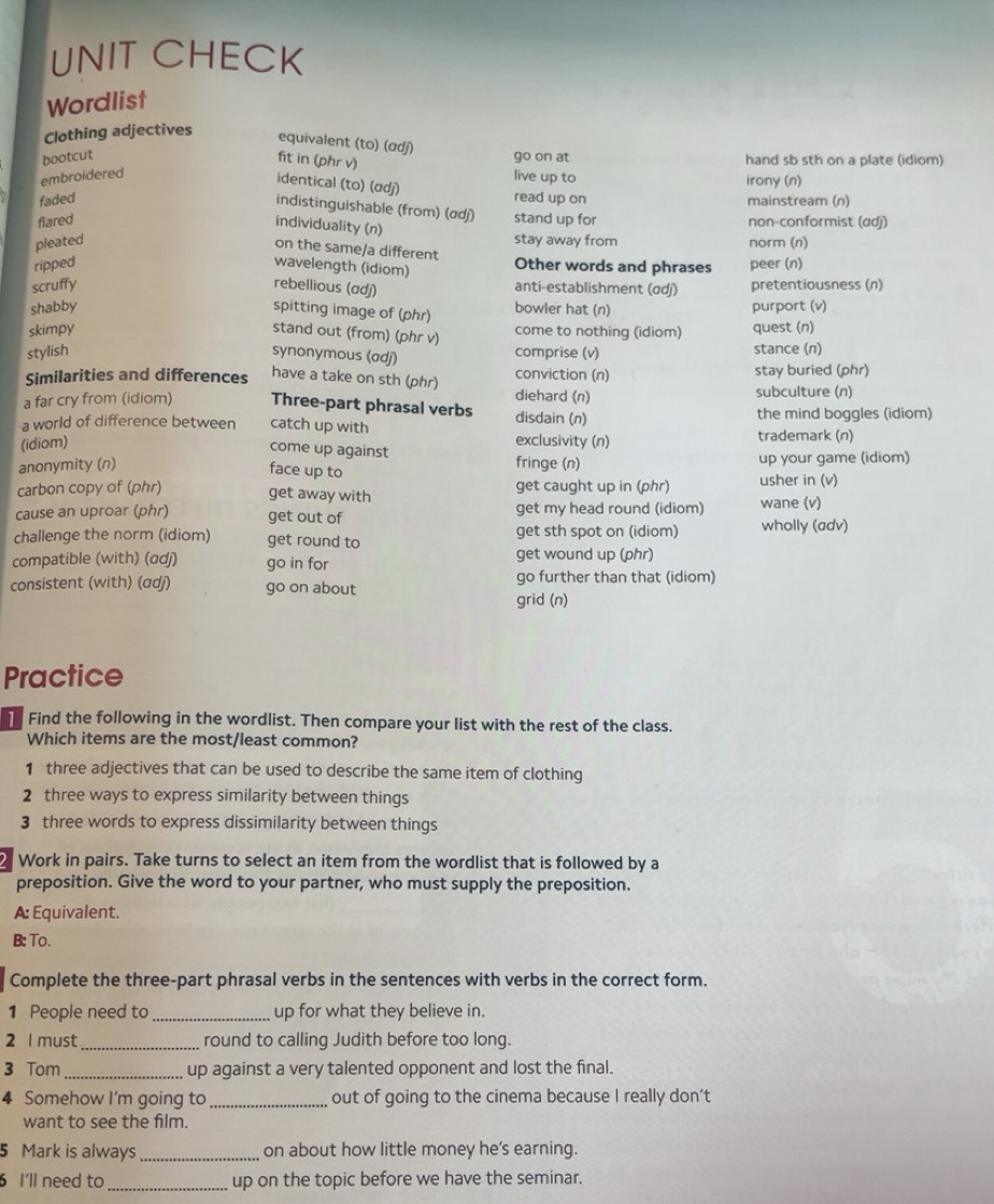 Risolto:UNIT CHECK Wordlist Clothing adjectives equivalent (to) (ɑdj ...