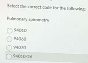 Solved: Select the correct code for the following: Pulmonary spirometry ...