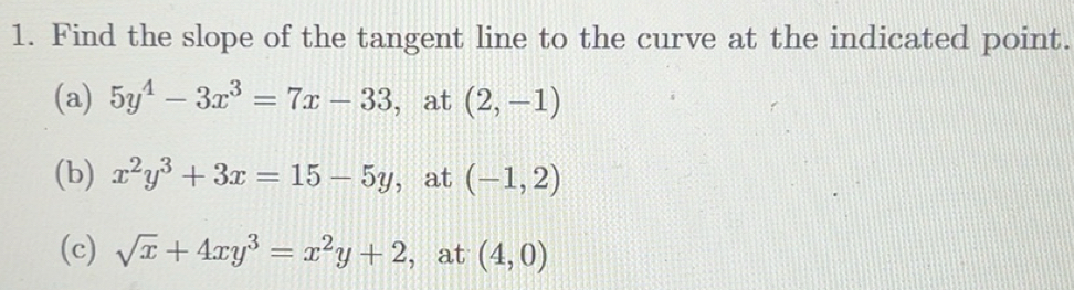 Solved: Find the slope of the tangent line to the curve at the ...