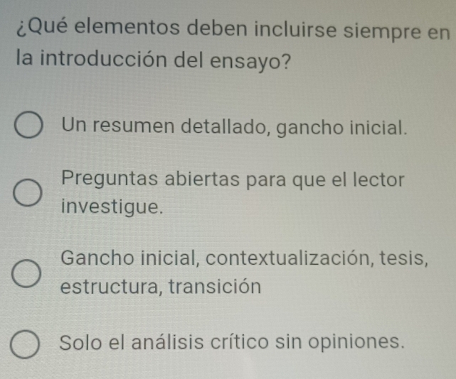 Resuelto:¿Qué elementos deben incluirse siempre en la introducción del ensayo? Un resumen detallado