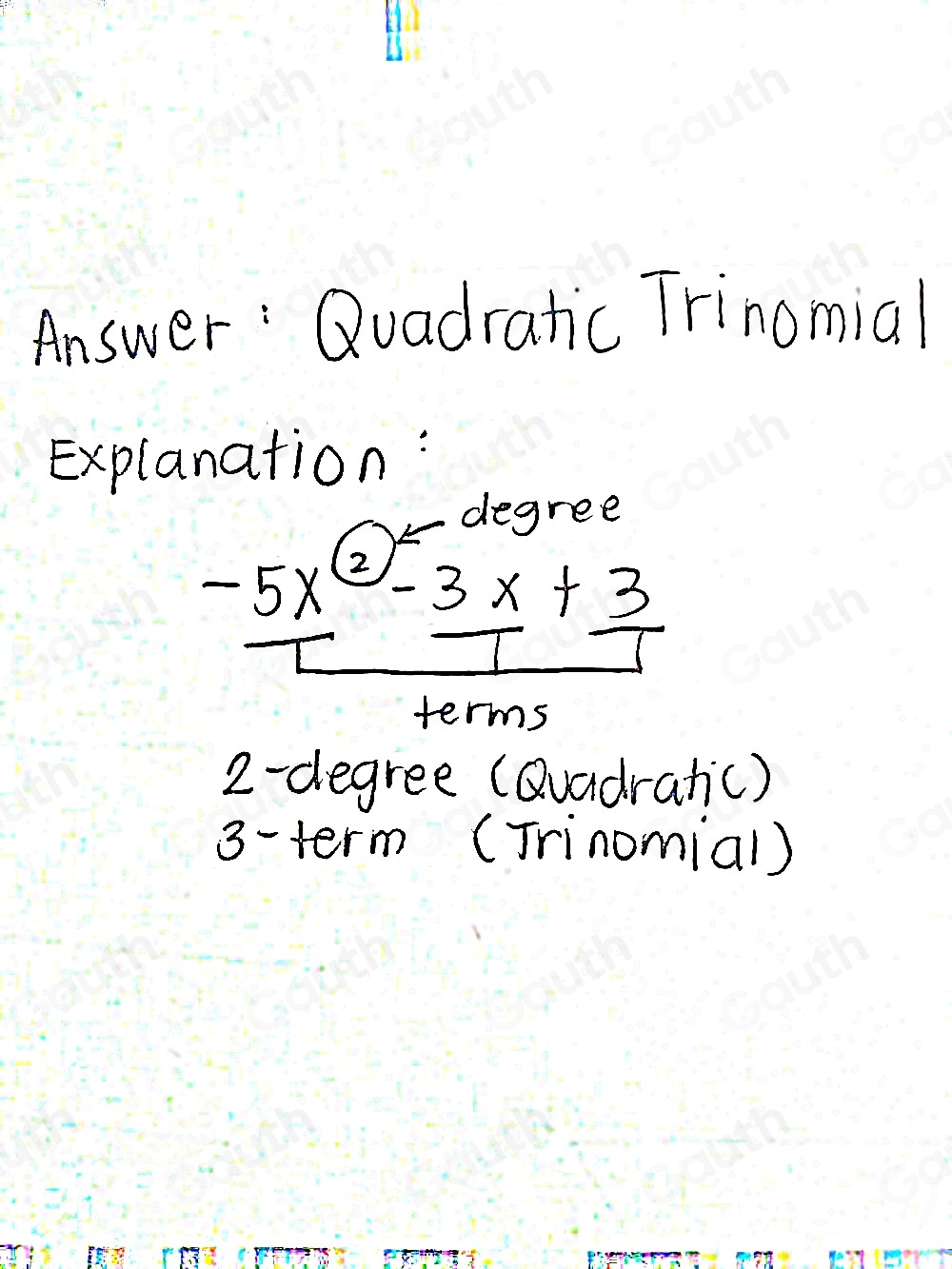 Solved: Which description is correct for the polynomial -5x^2-3x+3 ...